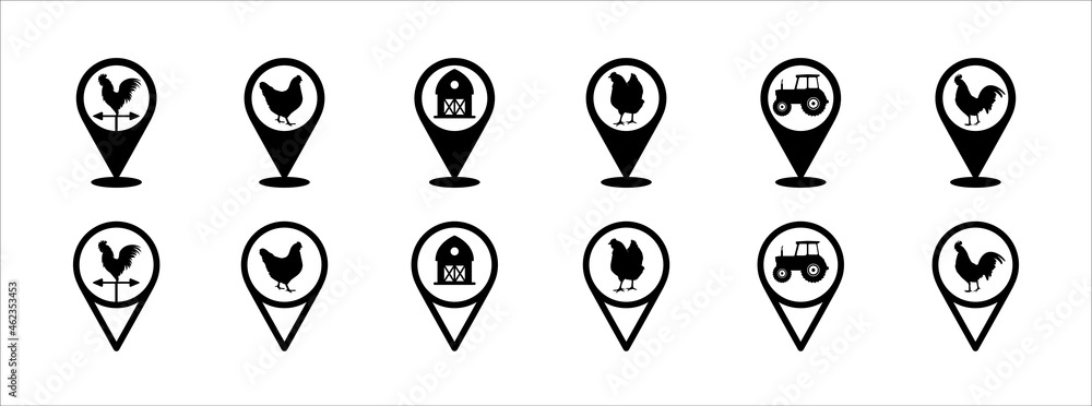 Farm map pin icon set. Farm land location pin map marker icons set ...