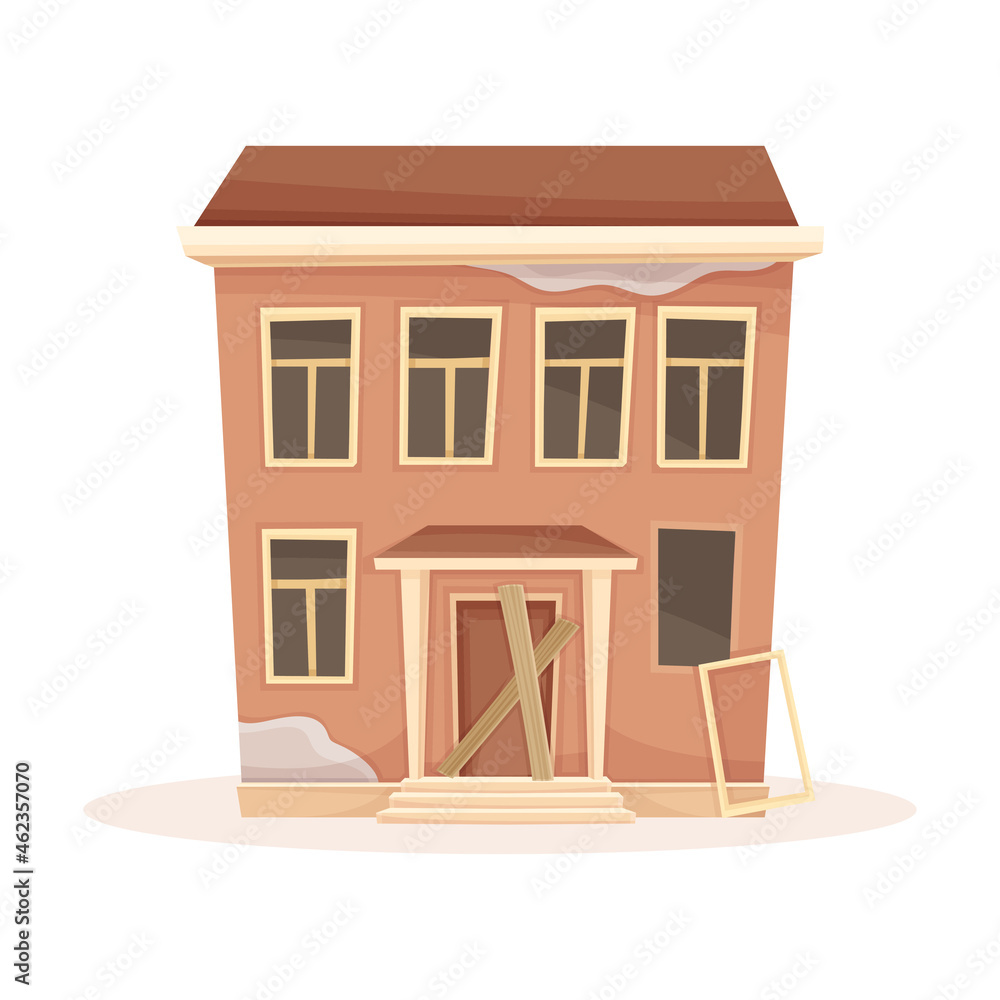 Facade of abandoned two storey house with broken windows and door ...