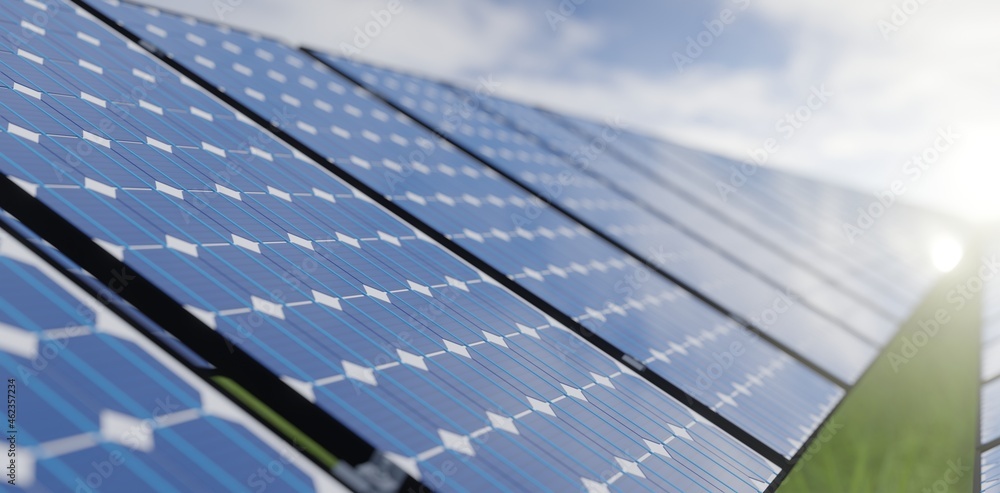 Solar Panels farm or solar call farm on green hills field and blue sky ...