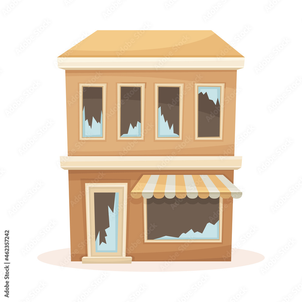 Facade of abandoned house with broken windows and roof. Old suburban ...