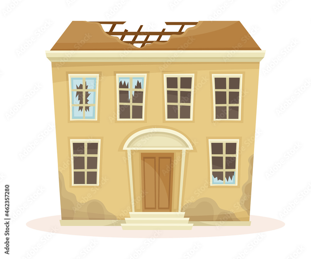 Abandoned two storey house with broken windows and roof. Old two storey ...