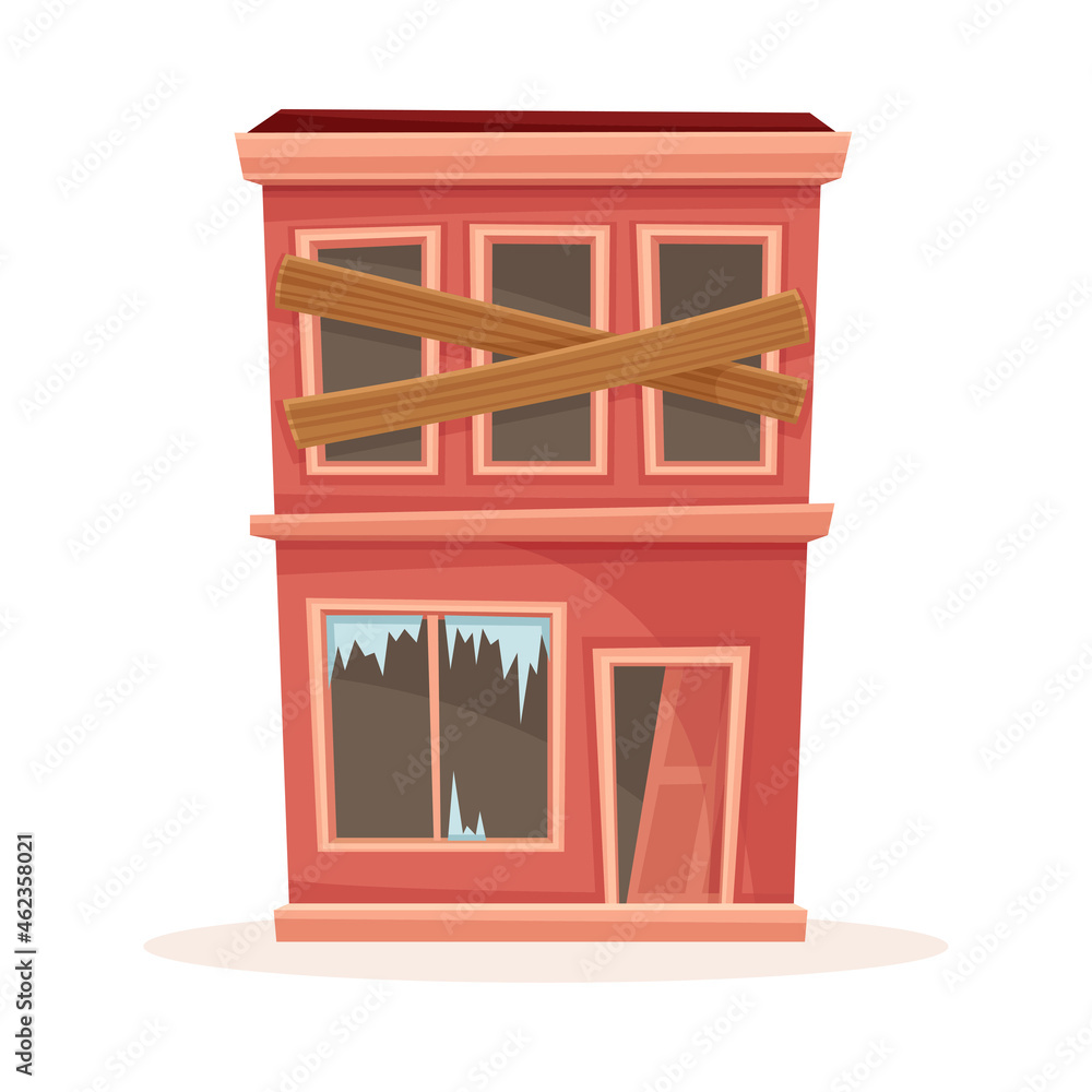 Abandoned two storey house with boarded up windows. Old suburban ...