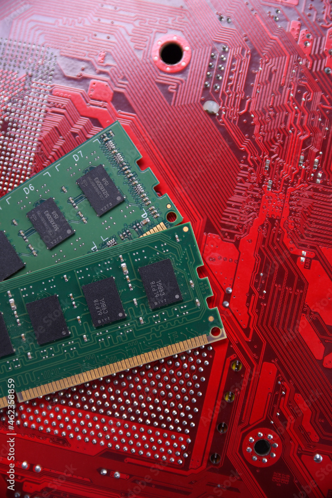 Computer memory RAM on motherboard background . Close up. system, main ...