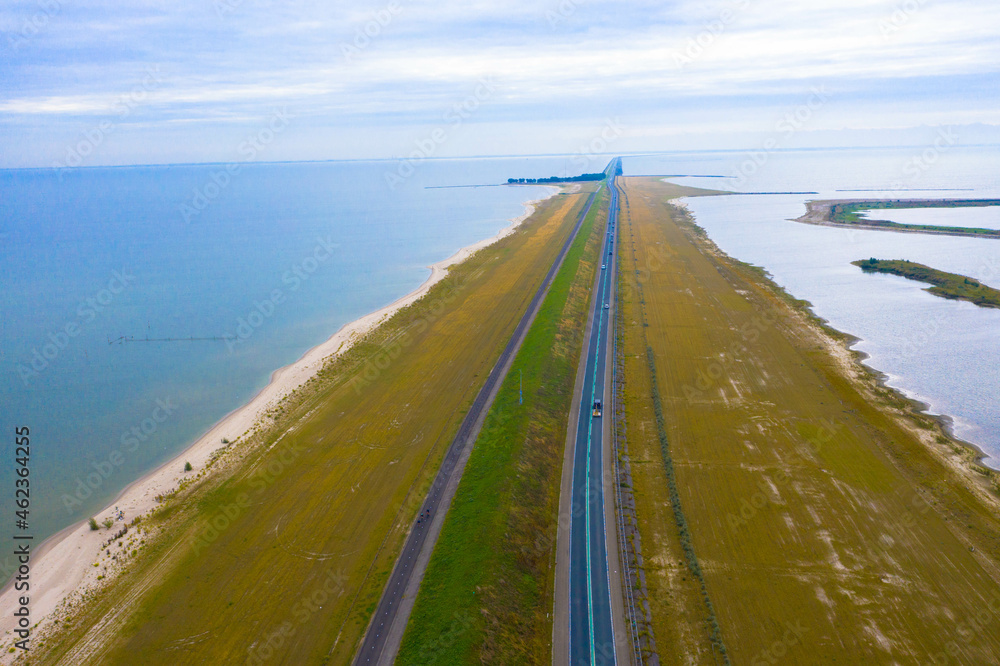 Aerial view of the artificial island in Lake Markermeer, Holland. These ...