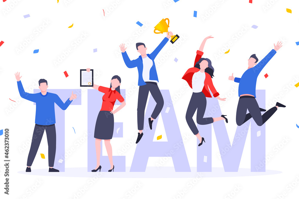 Happy business employee team winners award ceremony flat style design ...