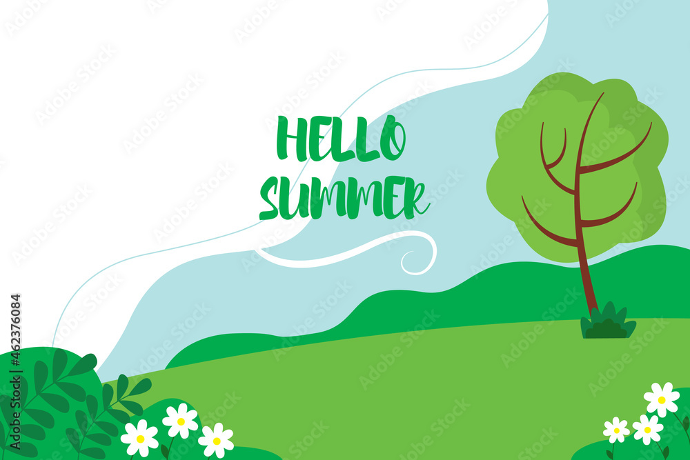 Hello summer cute illustration. National park background with trees and ...