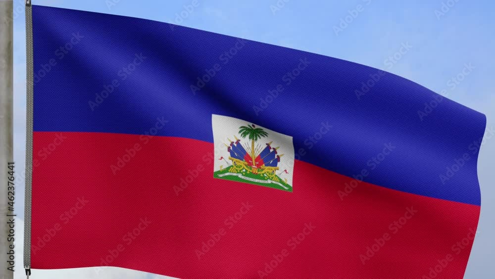 3D, Haitian flag waving on wind with blue sky and clouds. Close up of ...