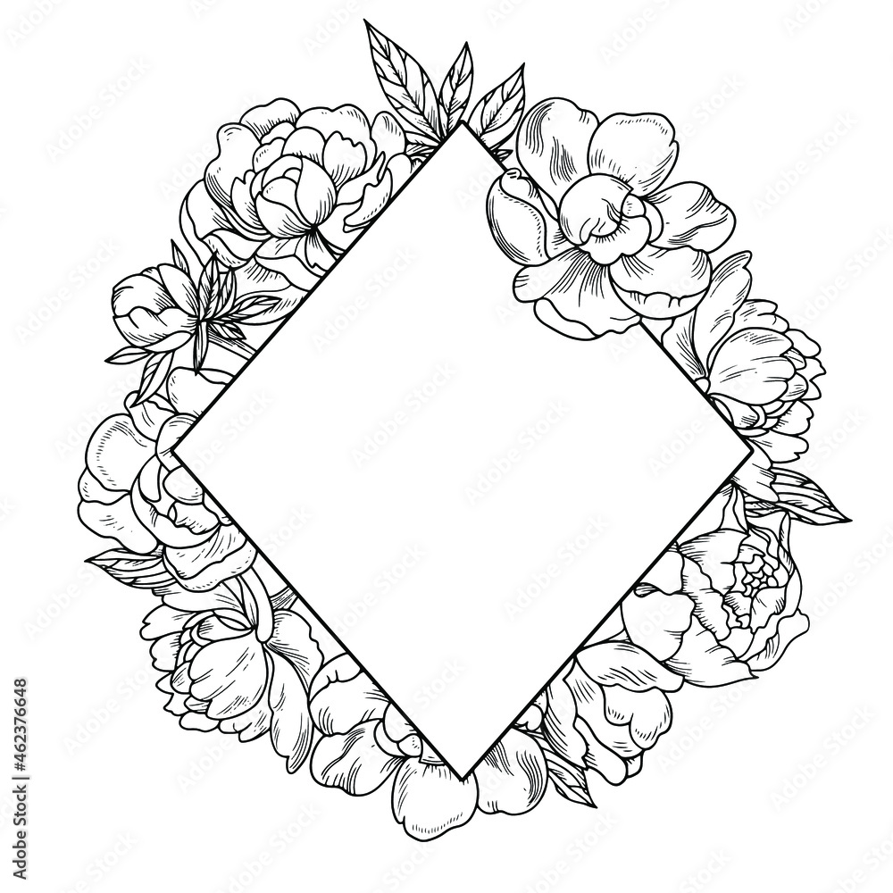 Beautiful diamond-shaped frame with peonies. Linear art. For a wedding ...