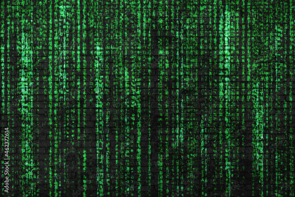 wall of bricks painted with the green matrix 3D background, computer ...