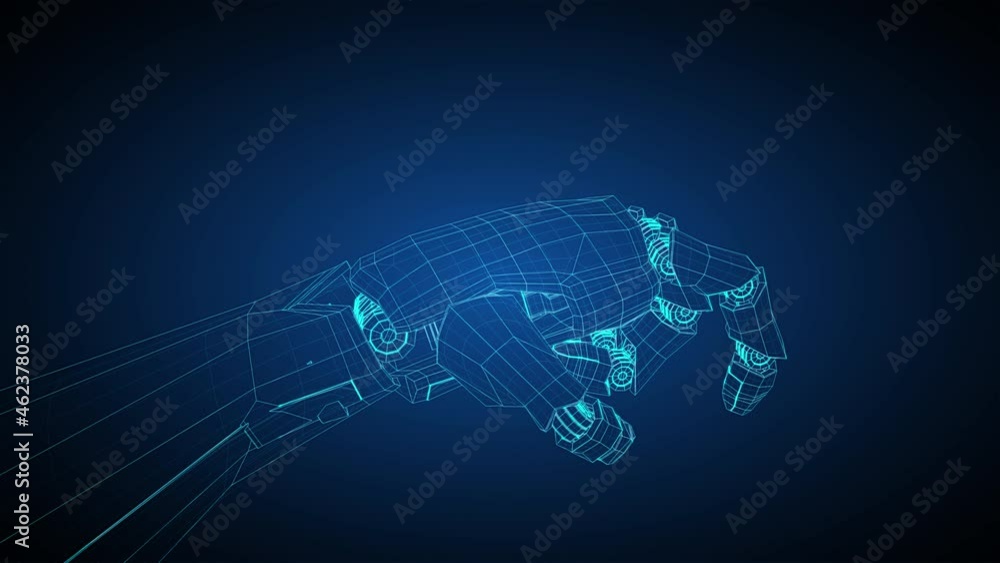 Animation of wireframe robotic arm opening the hand and pointing index ...
