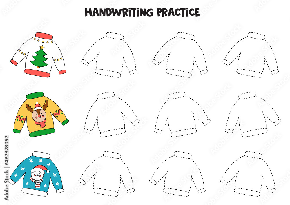 Tracing lines with ugly Christmas sweaters. Writing practice. Stock ...