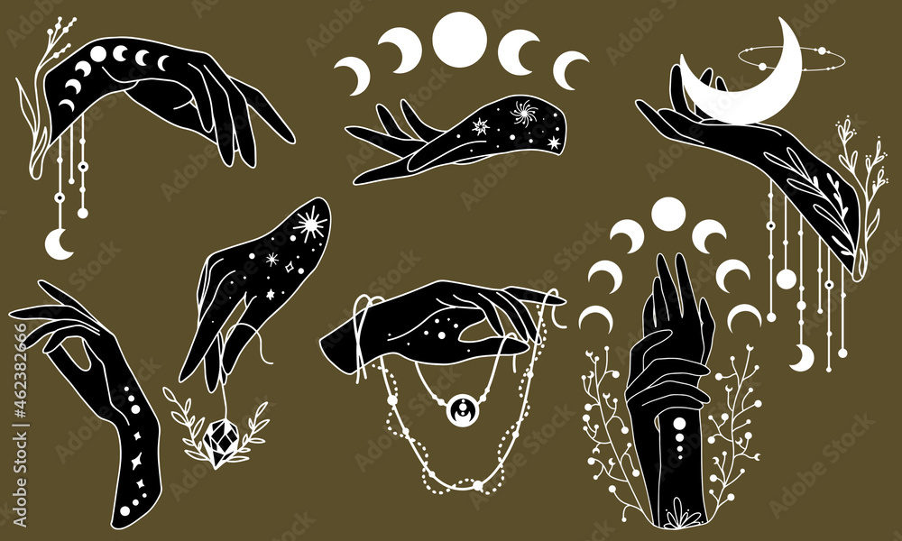 illustration of mystical mudra hands, celestial hands, moon and stars ...