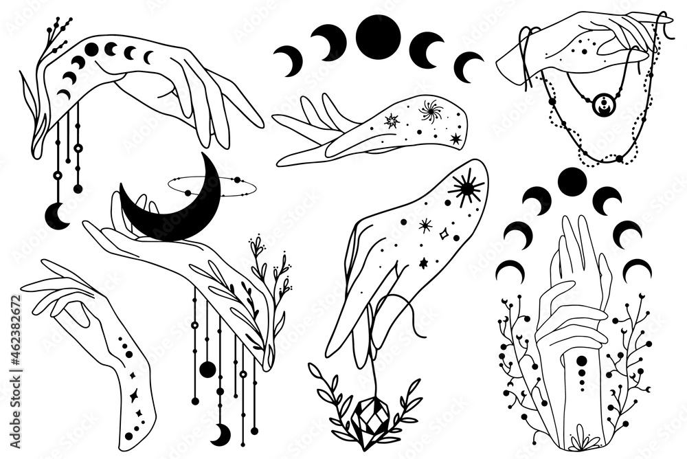Vector illustration of mystical mudra hands, celestial hands, moon and ...