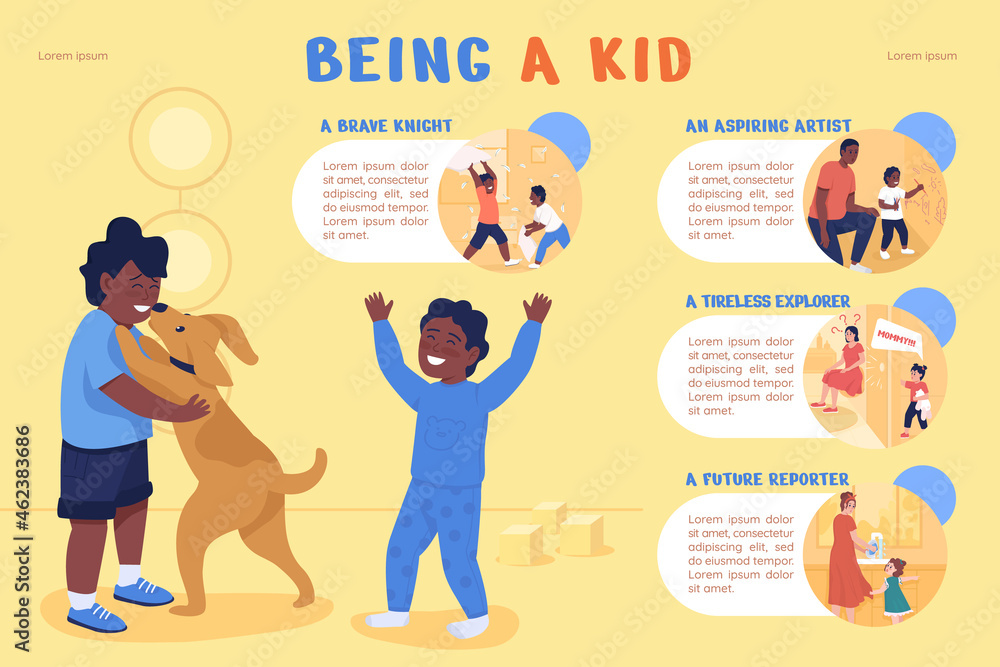 Being a kid flat color vector infographic template. Happy childhood ...