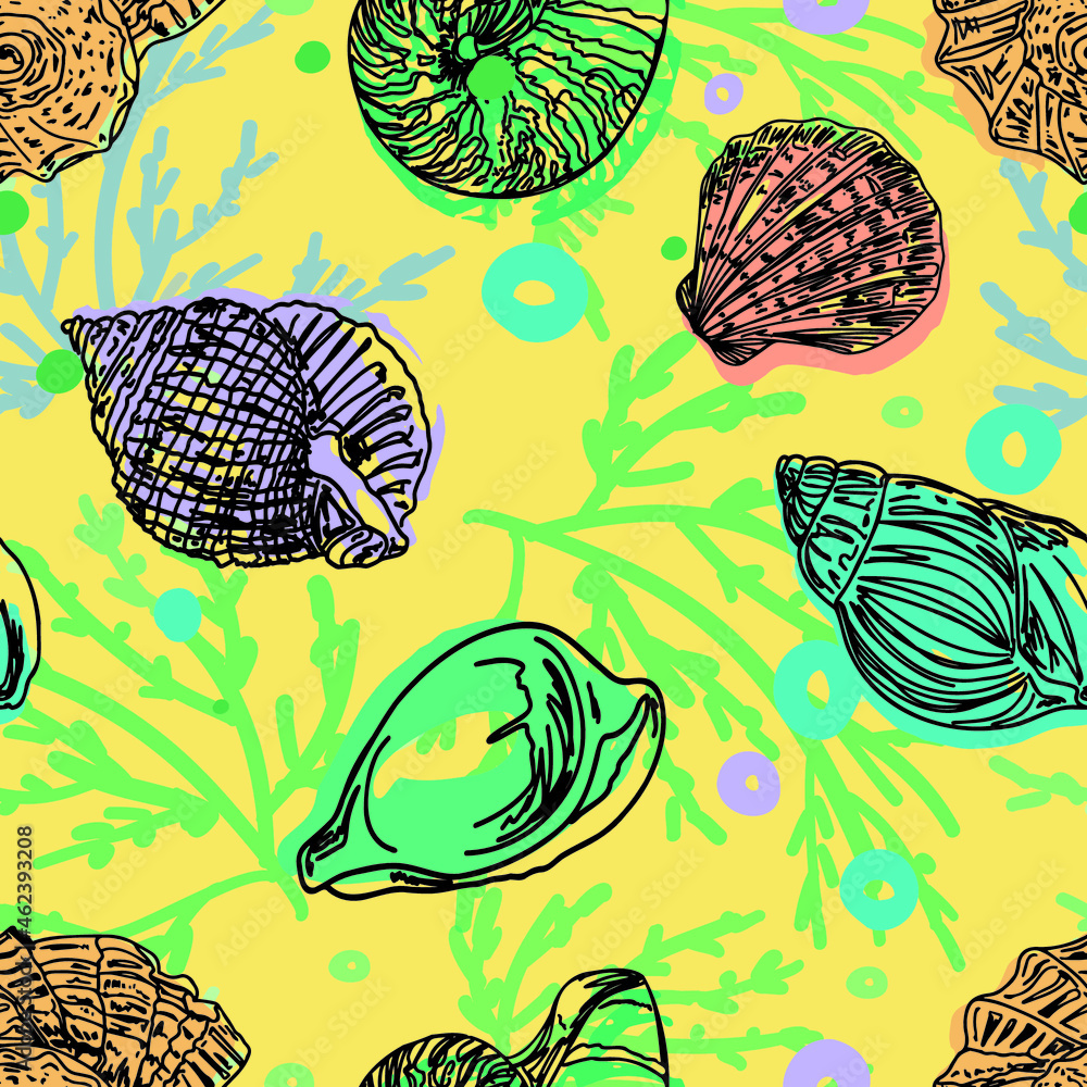 Sea shells vector pattern illustration. Pastel coloured differnt shaped ...