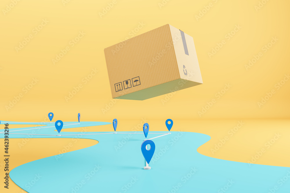 Abstract flying cardboard box above road with location pins on yellow ...
