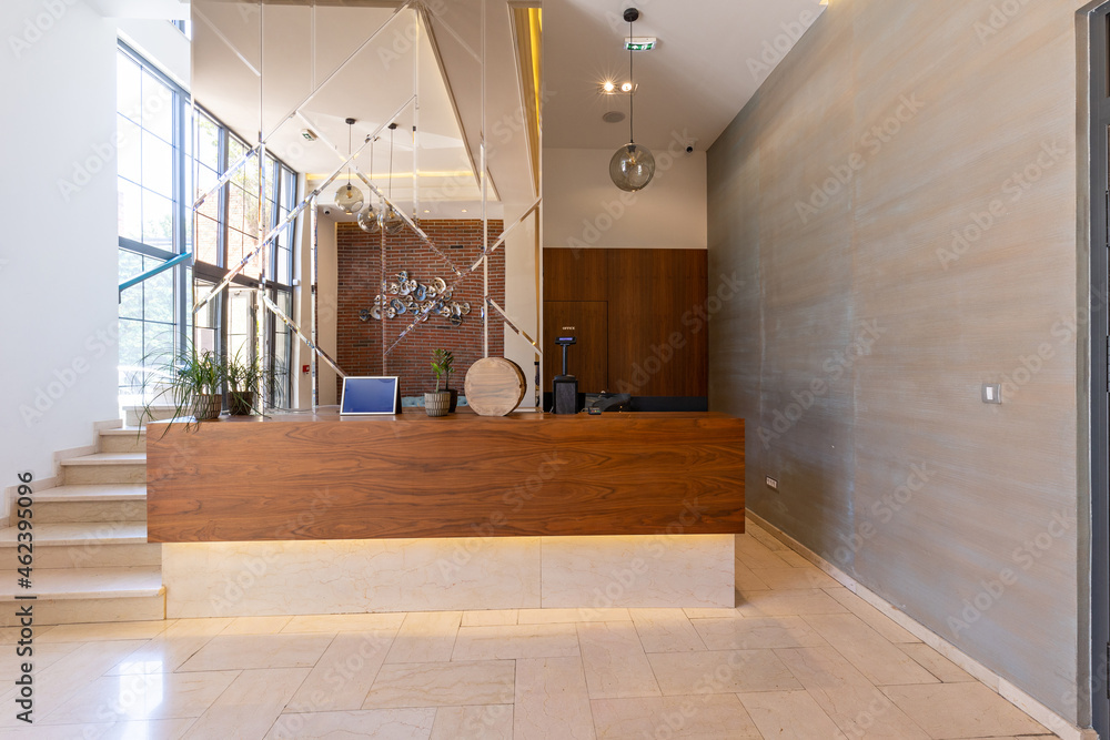 Hotel reception area interior with reception desk Stock Photo | Adobe Stock
