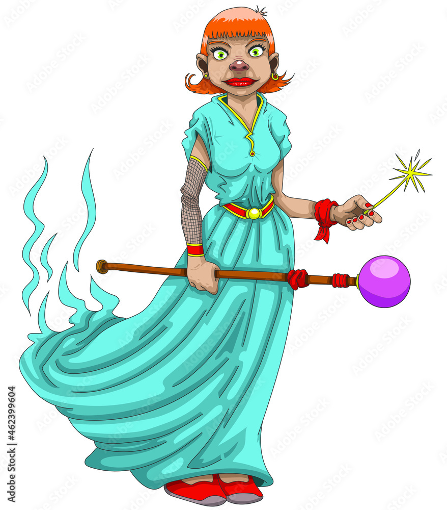 Magicienne tenant un bâton boule de cristal et une baguette magique ...