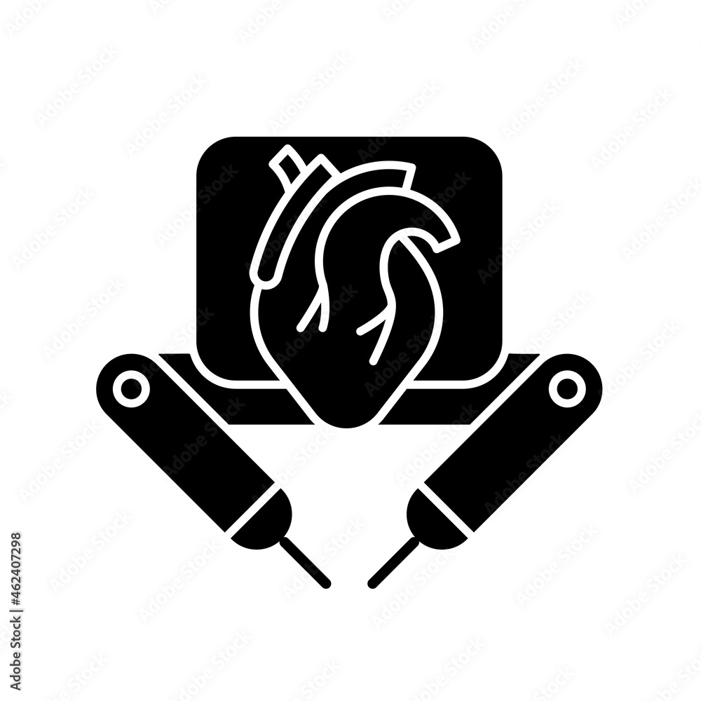Surgical robot black glyph icon. Remote manipulation by surgeon ...