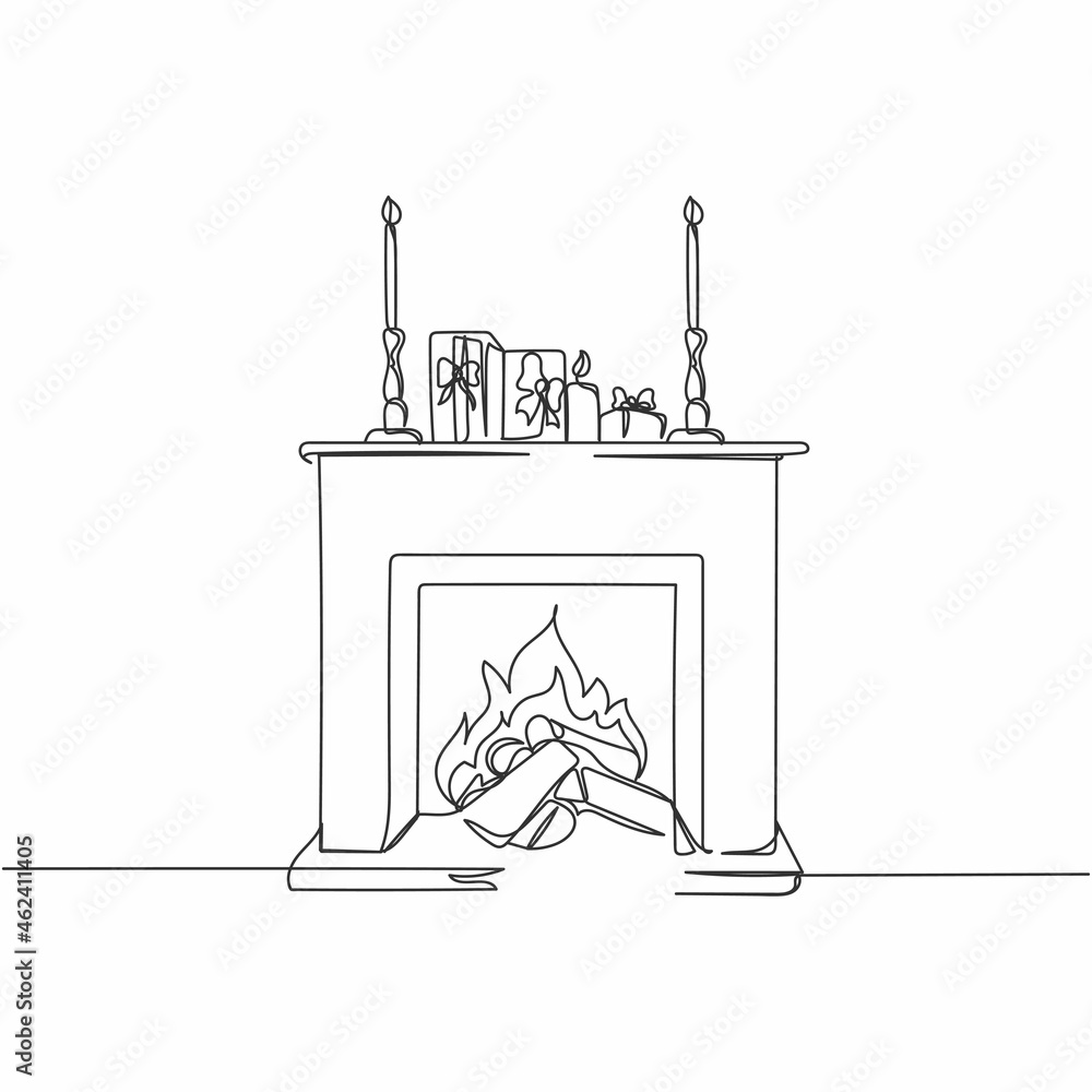 Continuous one line drawing of fireplace christmas decoration in ...