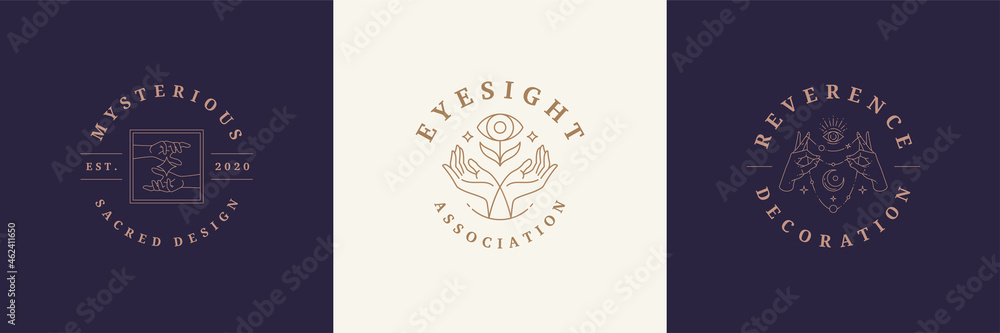 Magic logos emblems design templates set with mystic eye and female ...