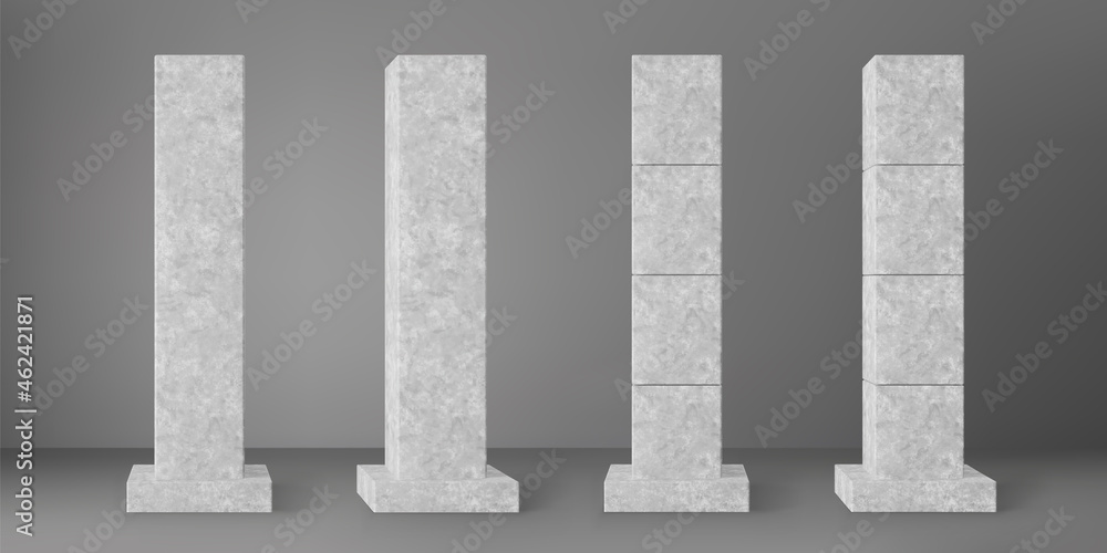 Concrete square columns set with rectangular plinth isolated on grey ...