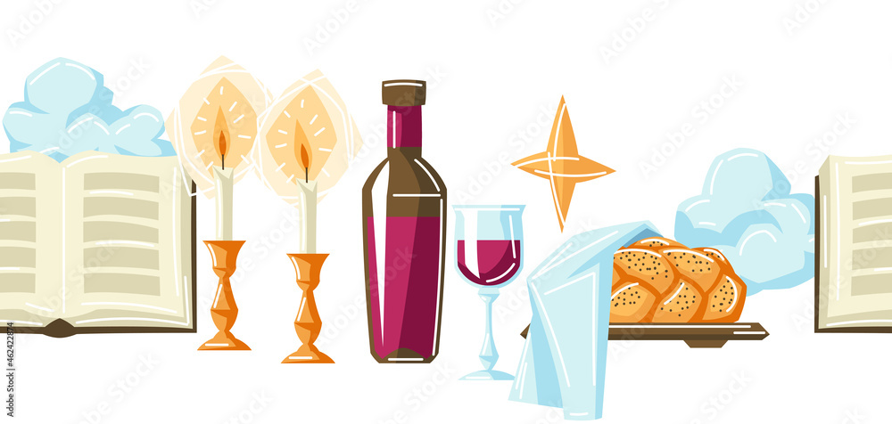 Shabbat Shalom seamless pattern with religious objects. Background with ...