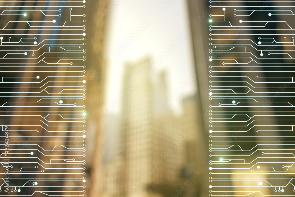 Abstract virtual microscheme illustration on office buildings ...