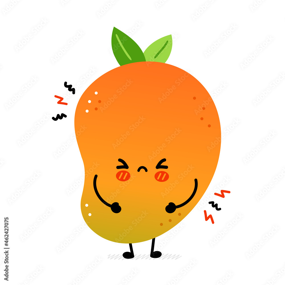 Cute funny sad mango fruit. Vector hand drawn cartoon kawaii character ...