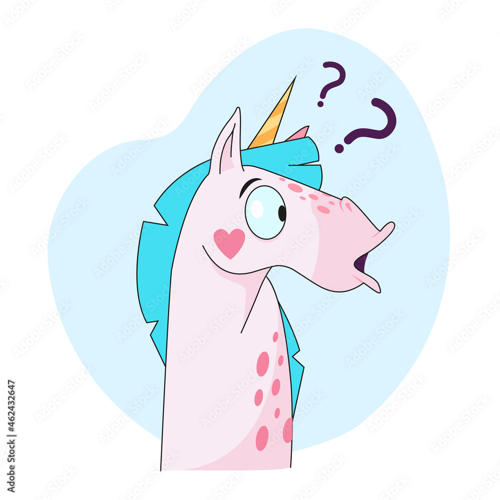 Confused unicorn cartoon character sticker. Emoticon of fairy horse ...