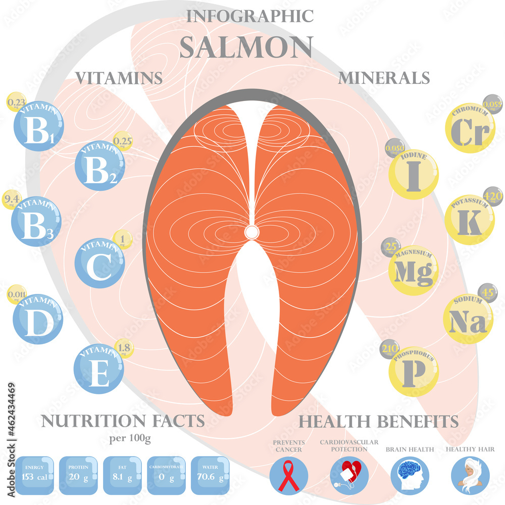 Salmon nutrition facts and health benefits infographic Stock Vector ...