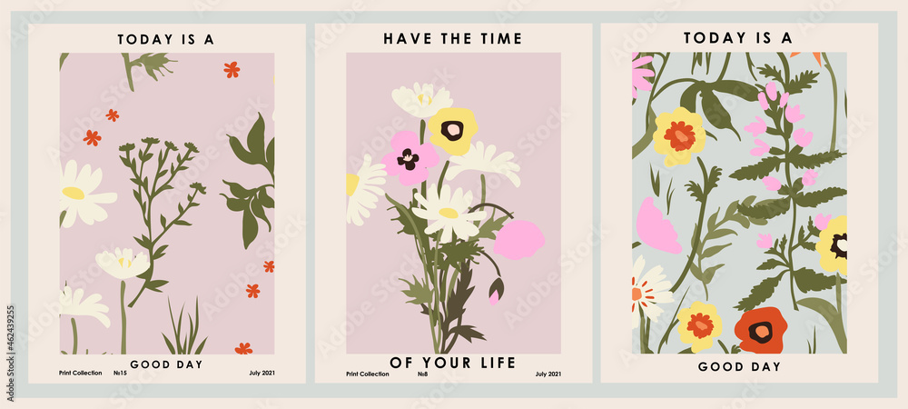 Botanical poster set flowers and branches. Modern style, pastel colors ...