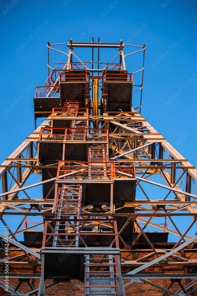 The elevator of the hoist shaft in the black coal mine. Coal mine hoist ...
