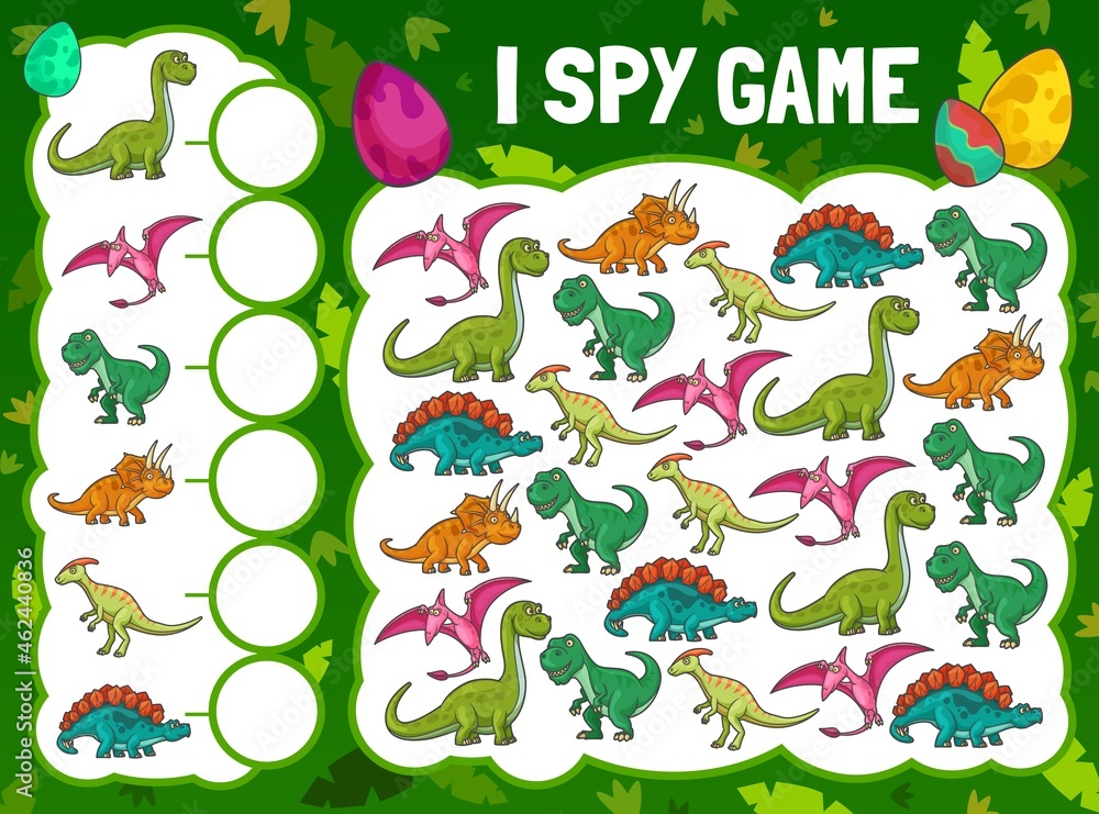 I spy game with cartoon dinosaurs. Vector educational kids puzzle with ...