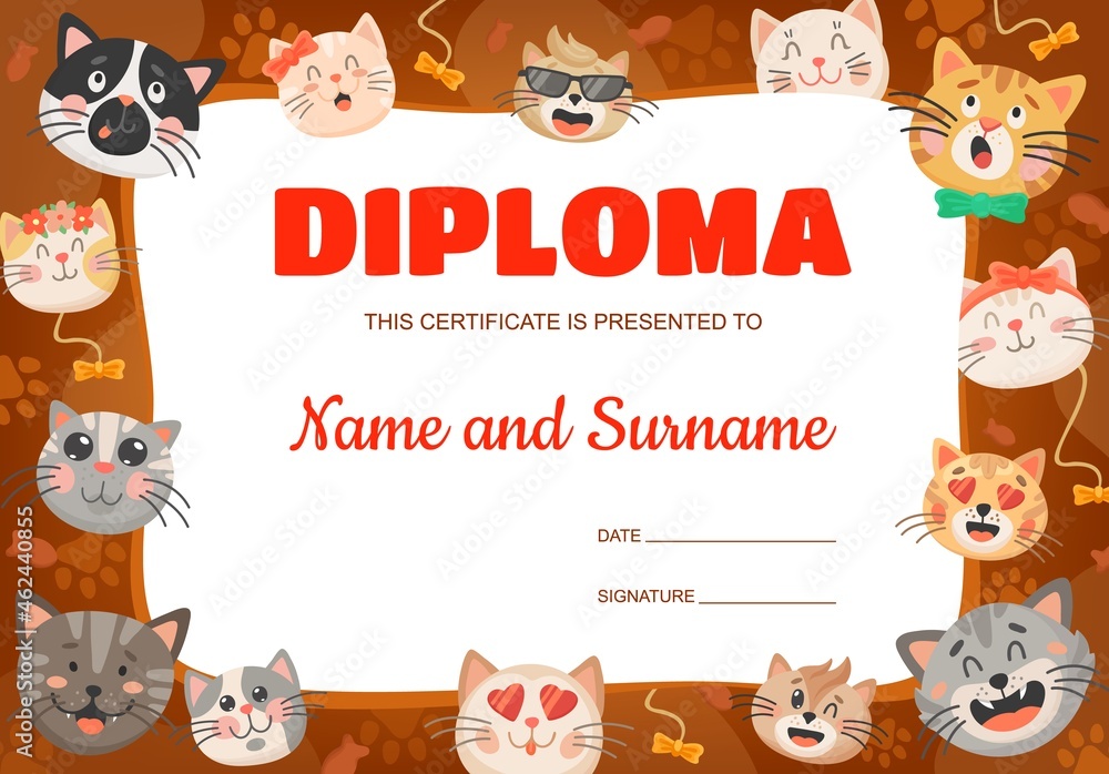 Funny cartoon cats or kittens kids diploma. Vector certificate template ...