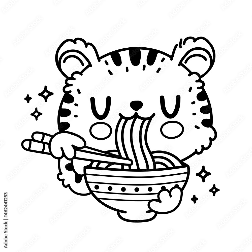 Cute funny tiger eat noodles from bowl. Vector cartoon kawaii character ...