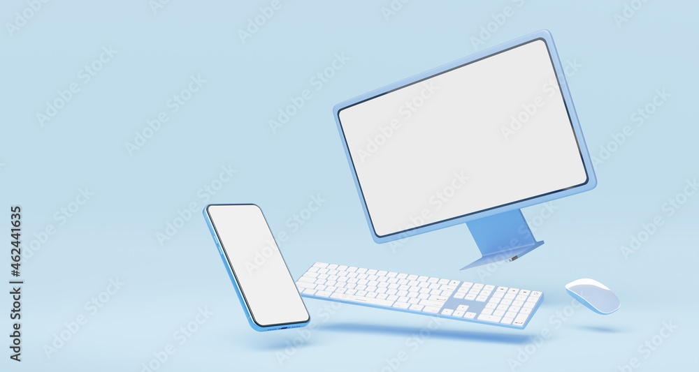 Computer monitor with wireless mouse, keyboard, phone float on blue ...
