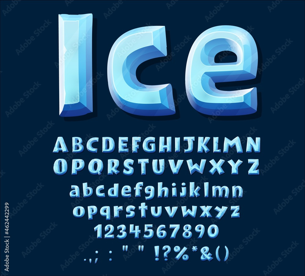 Vektorová grafika „Cartoon blue ice crystal font type. Uppercase ...