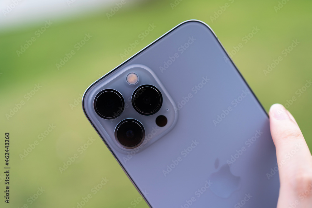 View of triple camera on the new iPhone 13 Pro Max Sierra Blue Color ...