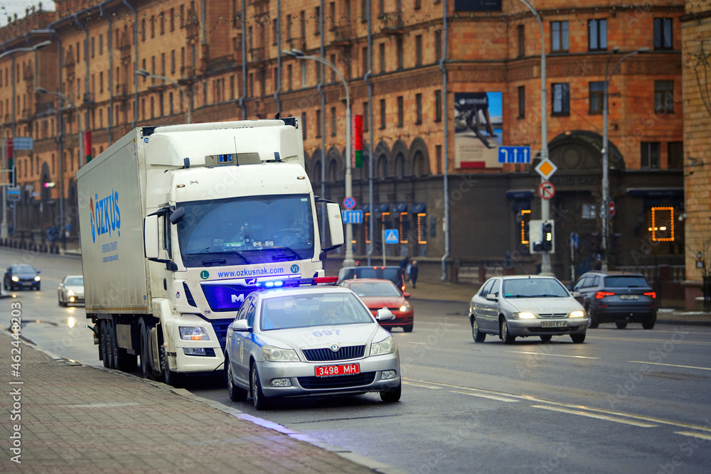Minsk, Belarus. Jan 2021. Police car with flashing blue lights pulled ...