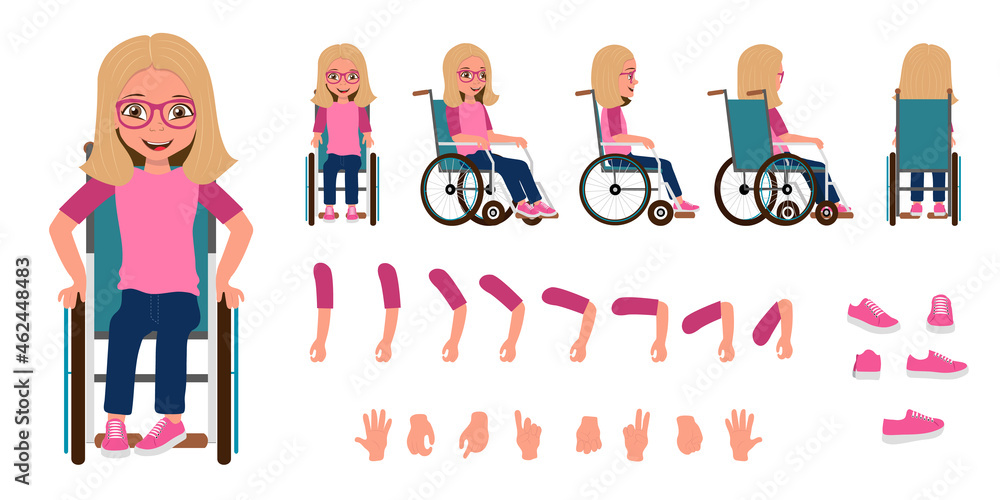 Flat Vector Illustration of Smiling Kid Girl in Wheelchair, Cartoon ...