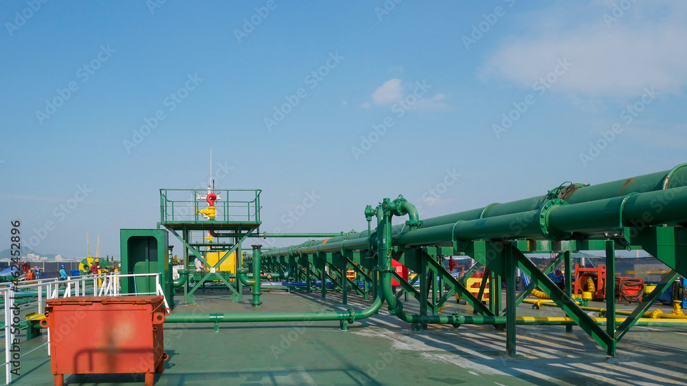 On Deck of chemical tanker ship with pipe line connection while the ...