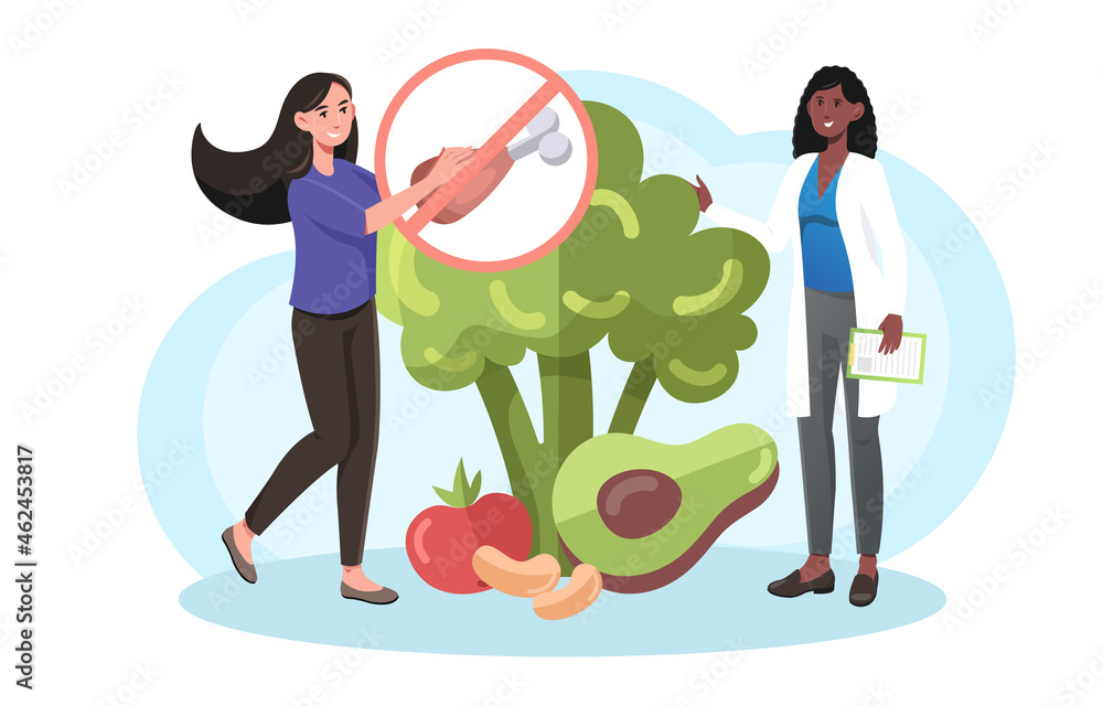 Vegan vegetable diet concept. Female character refused to eat meat ...