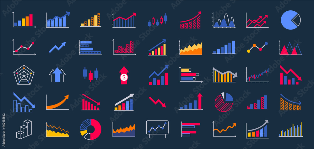 Business graphs and charts icons. Business infographics icons ...