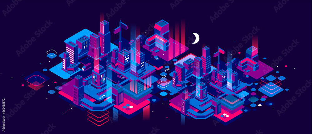 Vector illustration of neon color night city street with light on dark ...