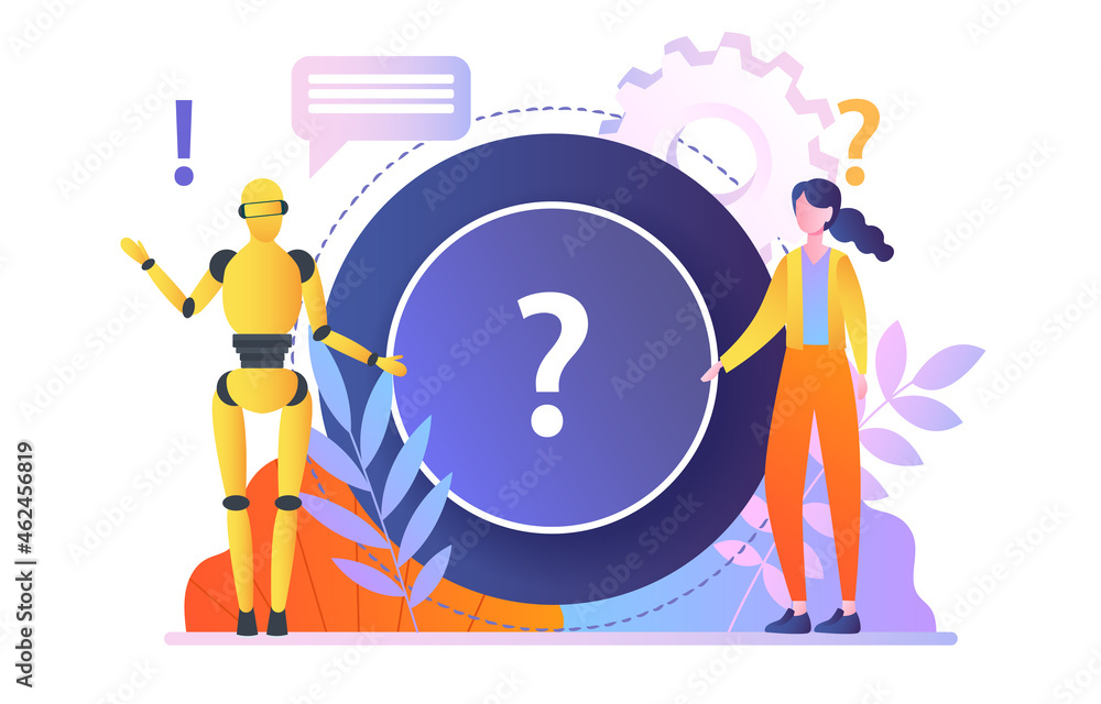 Artificial intelligence thinks faster than person. Woman thinking about ...