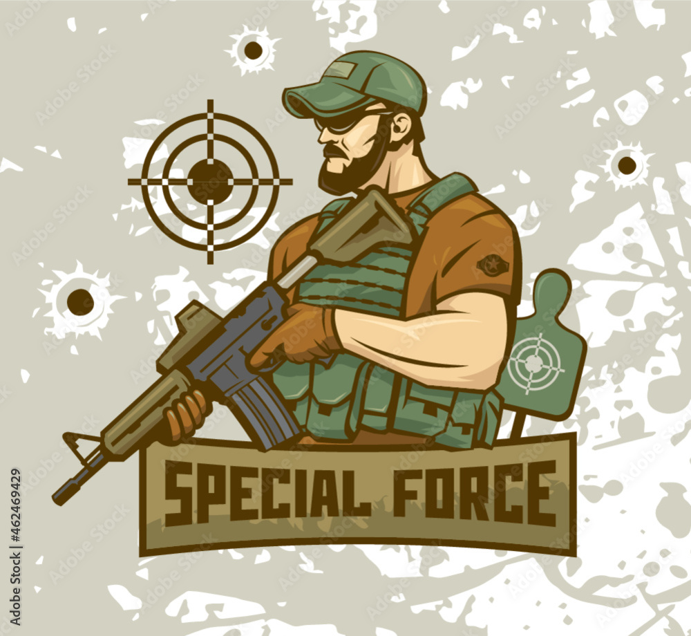 Special forces soldier holds a machine gun against the background of ...