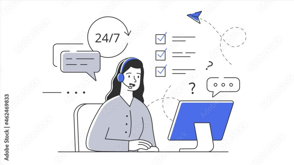 Woman sit on chair, answer on customer question. Icon symbols ...