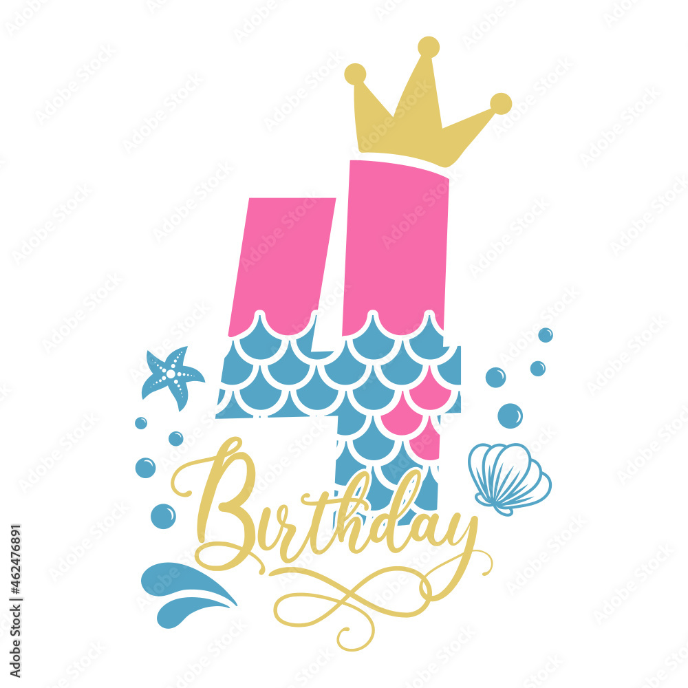 Mermaid Birthday Number 4 Monogram design Mermaid four Stock Vector ...