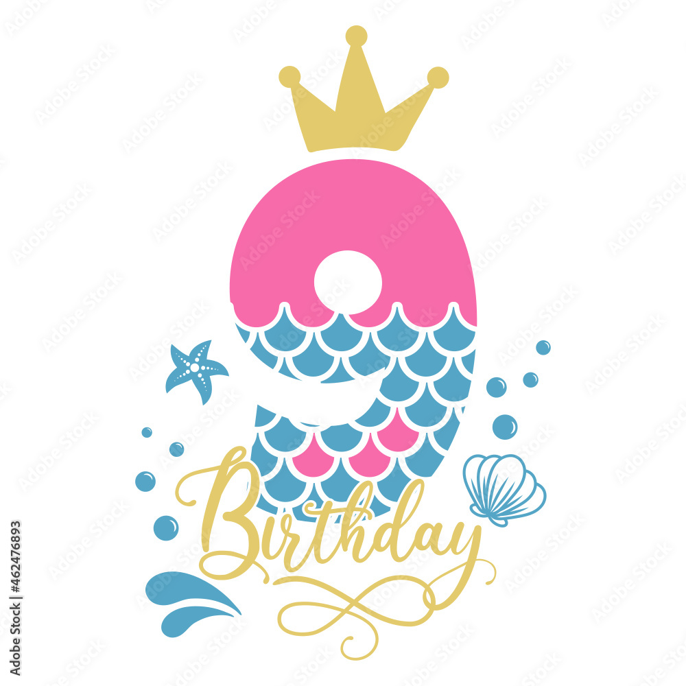 Mermaid Birthday Number 9 Monogram design Mermaid nine Stock Vector ...
